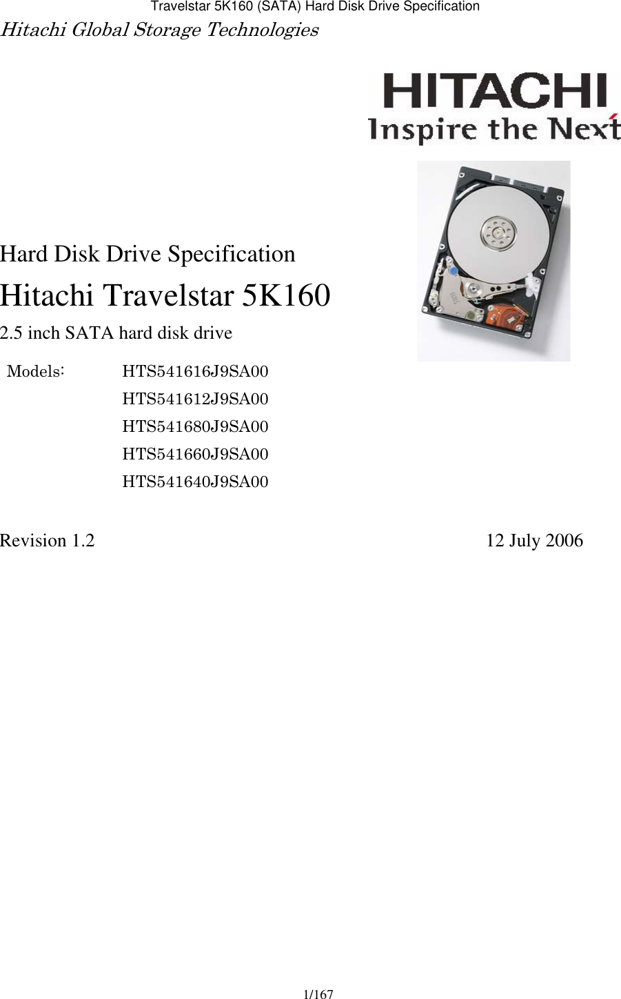 Hitachi Computer Drive Hts541612J9Sa00 Users Manual SRB SATA OEM Spec ...
