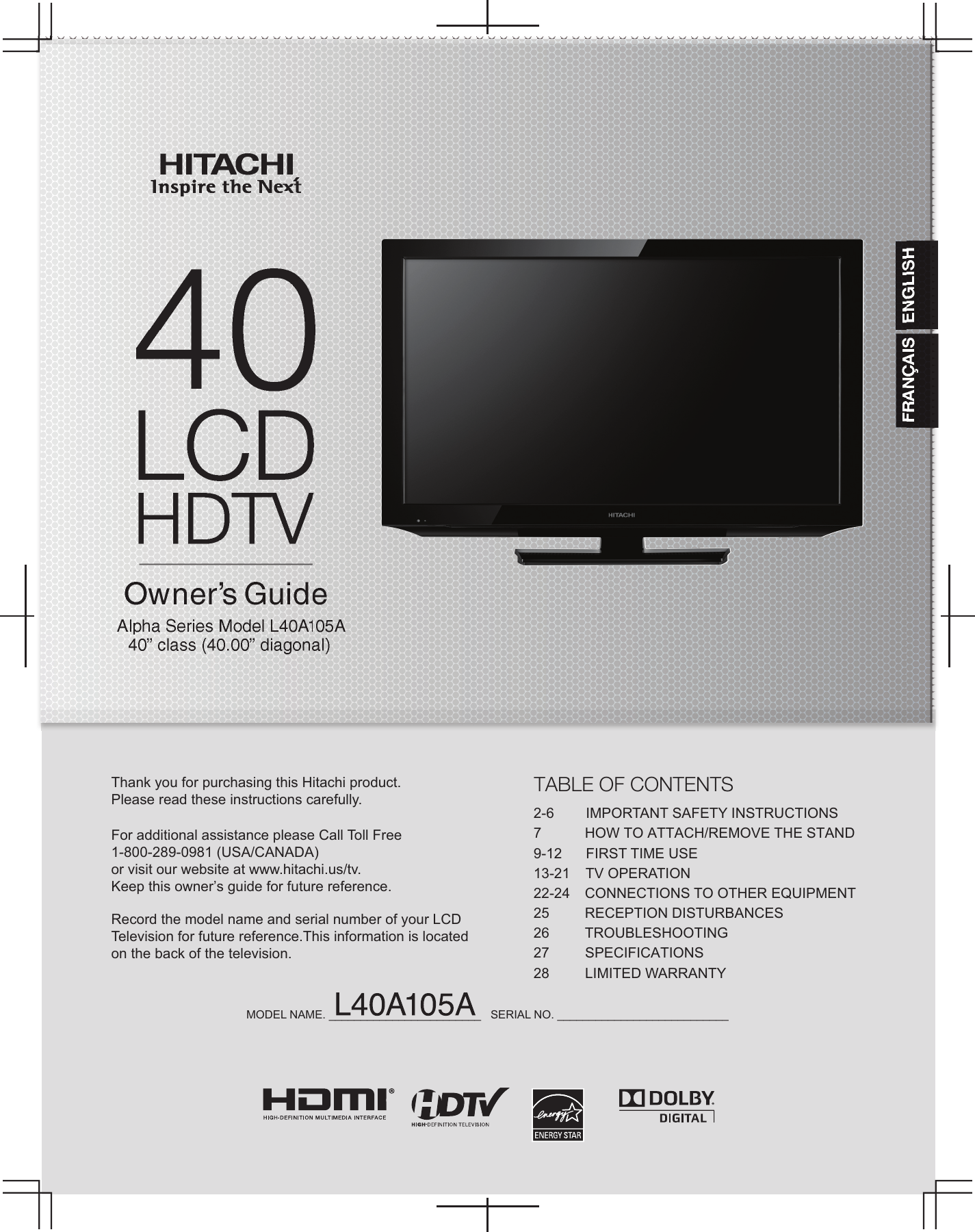 Hitachi Flat Panel Television L40A105A Users Manual 3IM0821B_En