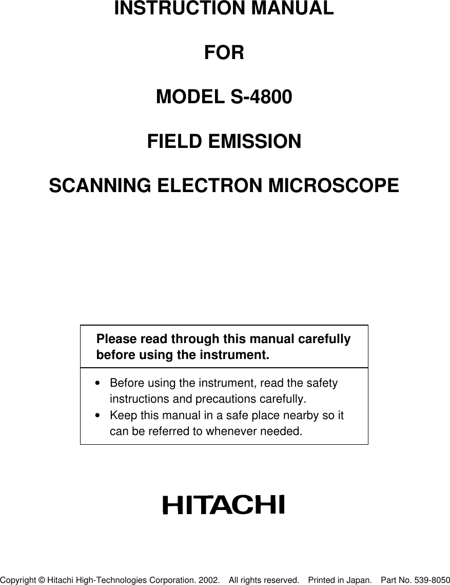 Hitachi Microscope And Magnifier S 4800 Users Manual INSTRUCTION FOR