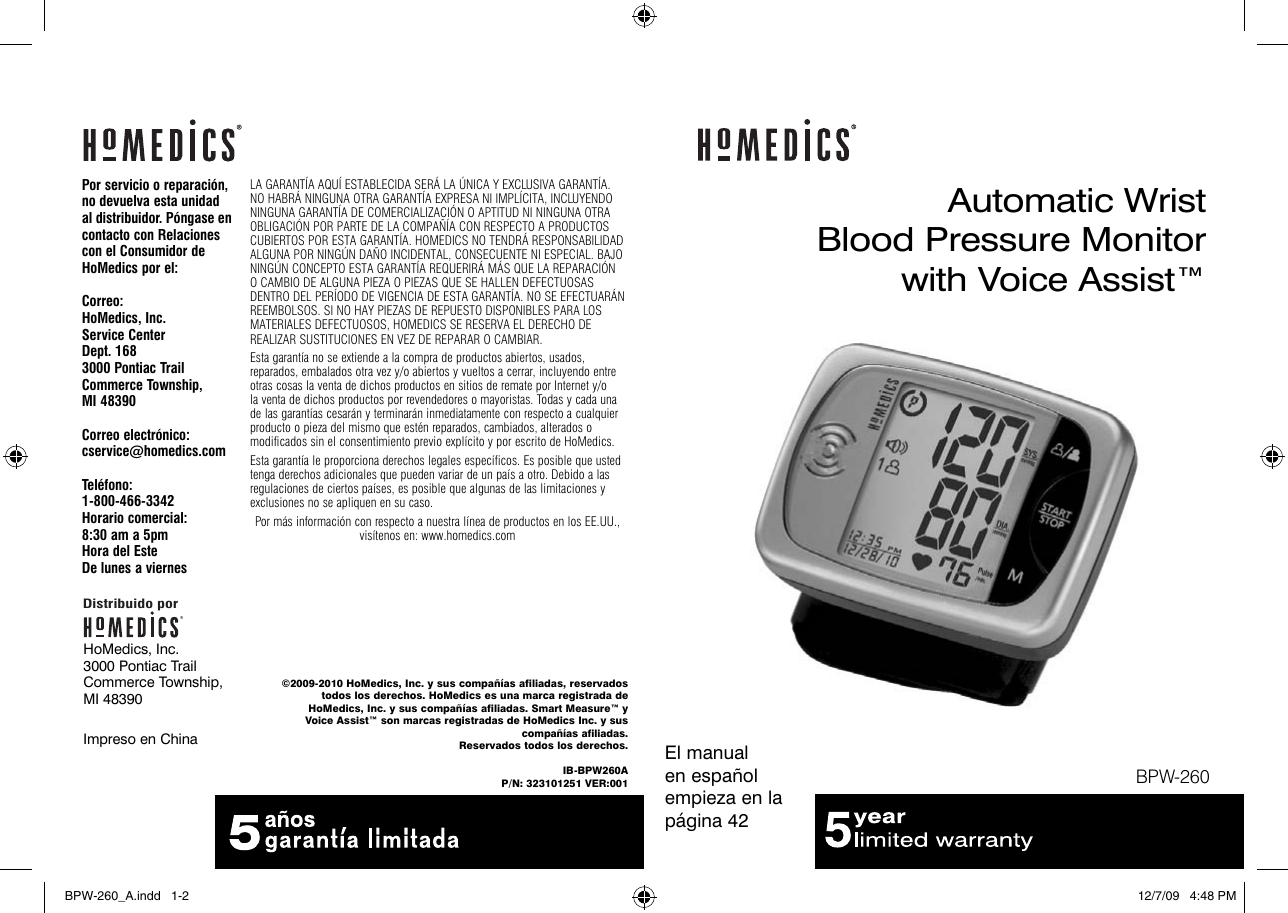 Homedics Blood Pressure Monitor Automatic Wrist With Voice Assist Users