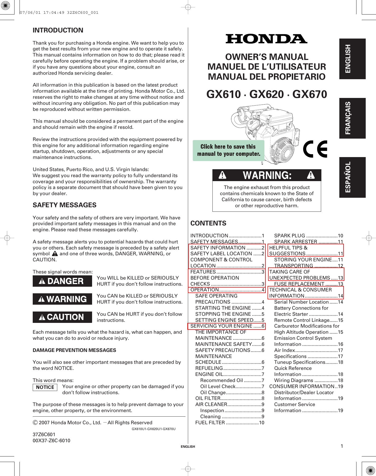 Honda Gx610 Users Manual