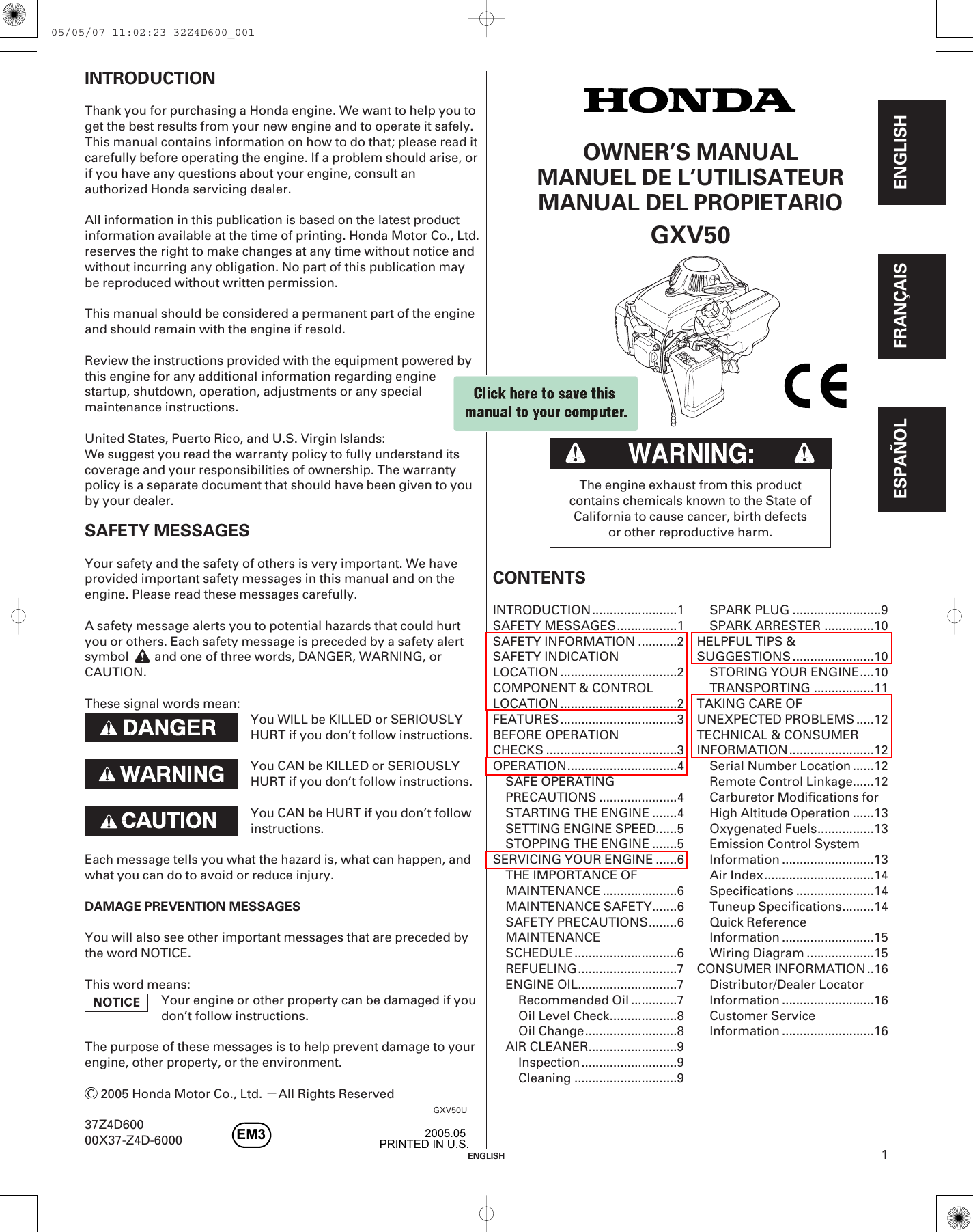Honda Gxv50 Users Manual