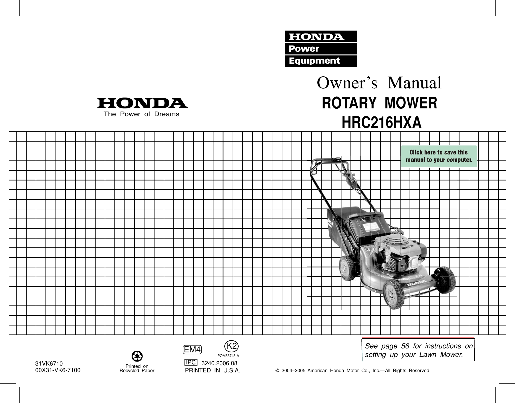 Honda Hrc216Hxa Users Manual