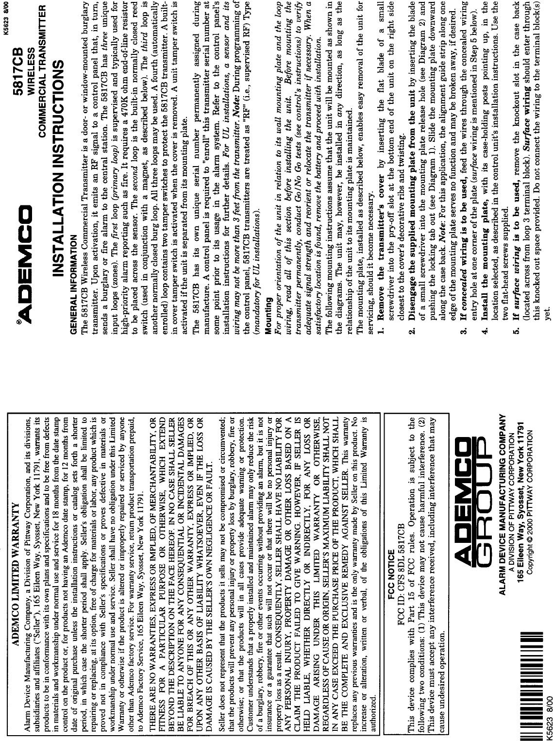 Honeywell 8DL5817CB Remote Security Transmitter User Manual 5817CB II ...