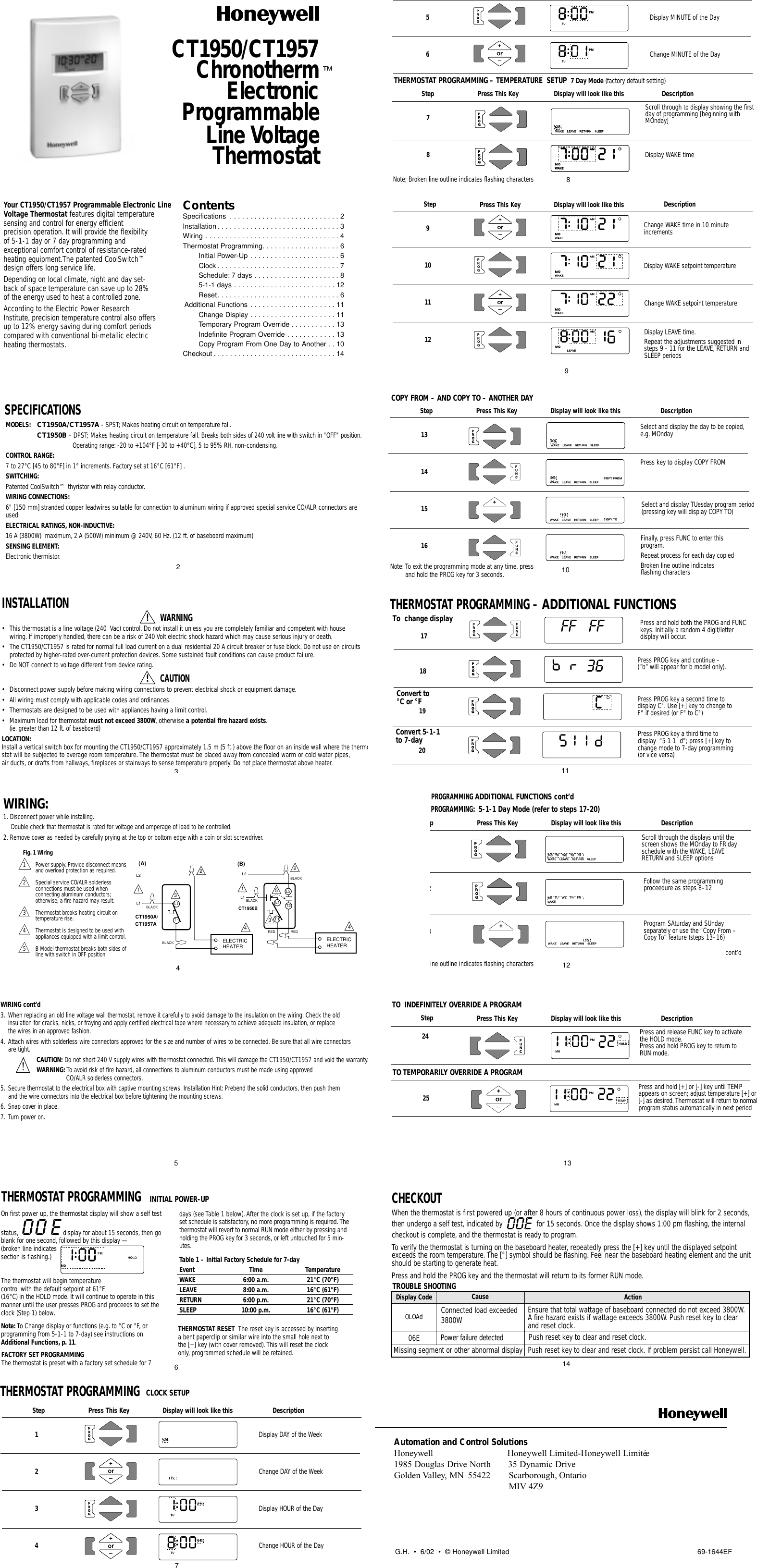 Honeywell Chronotherm Ct1950 Users Manual 69 1644EF CT1950/CT1957 ...