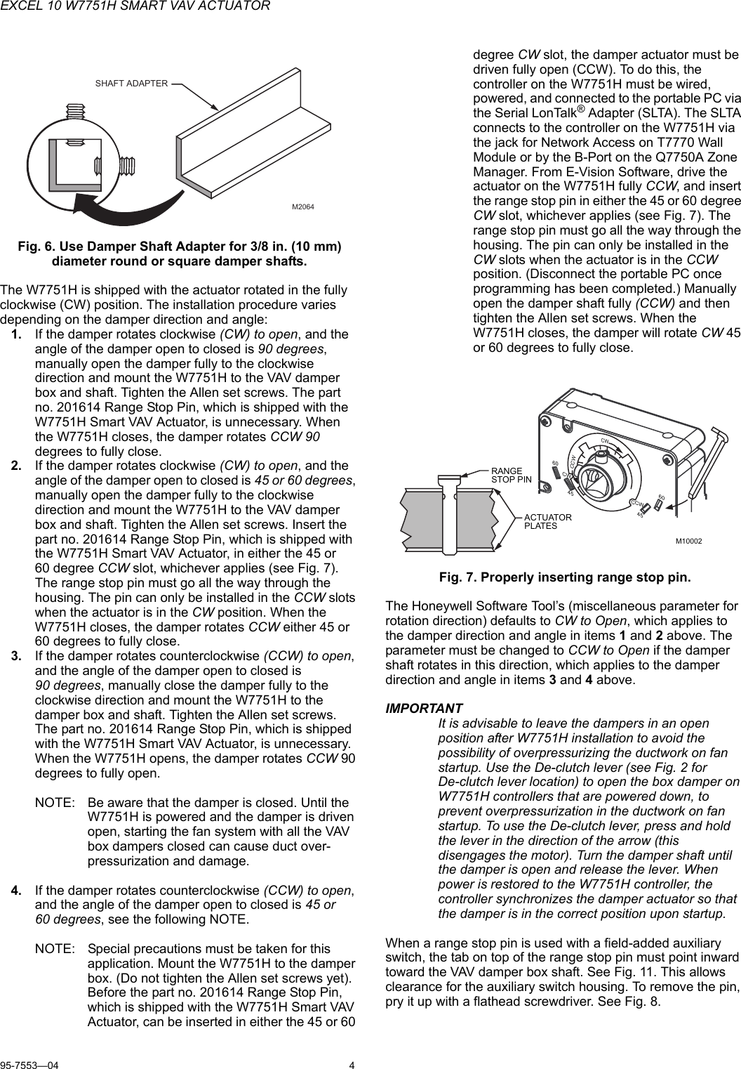 Honeywell Excel 10 W7751H Users Manual 95 7553 04 Smart VAV Actuator
