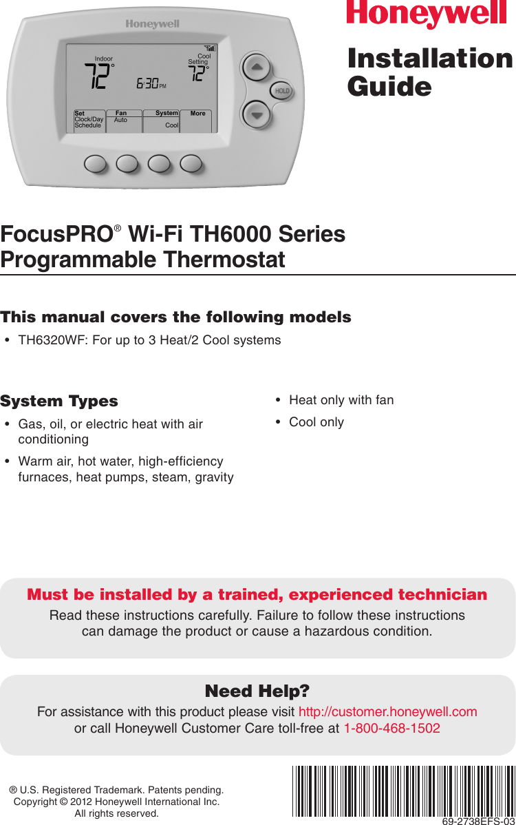 Honeywell Focuspro Th6000 Series Installation Manual 69 2738EFS 03 Wi Fi Programmable Thermostat
