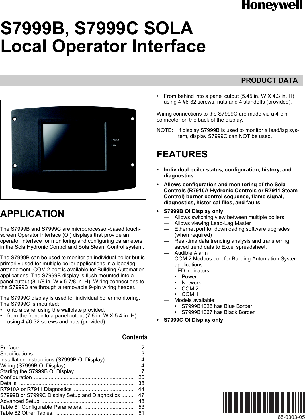 Honeywell Local Operator Interface S7999B Users Manual 65 0303—05 ...