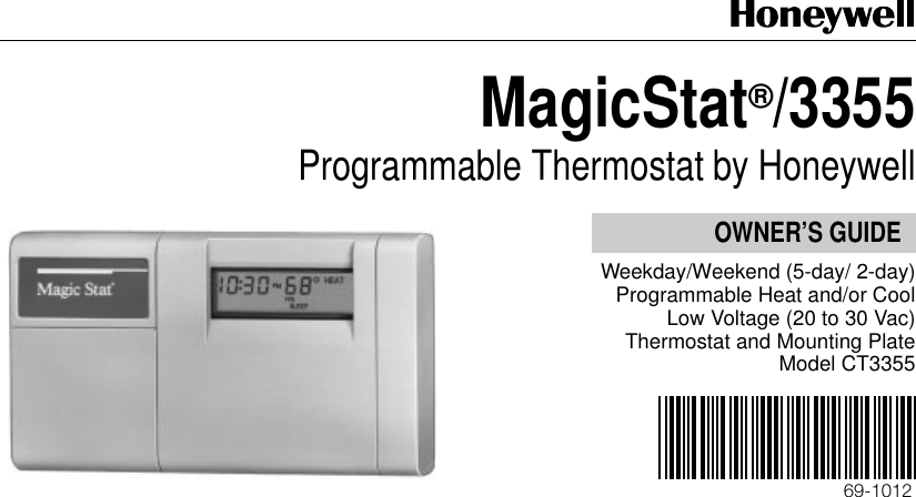Honeywell Magicstat 3355 Users Manual 69 1012 ® /CT3355 Thermostat