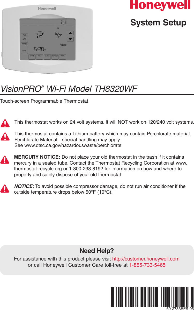 Honeywell Th8320Wf Setup Guide 69 2733EFS 05 Wi Fi Touchscreen ...