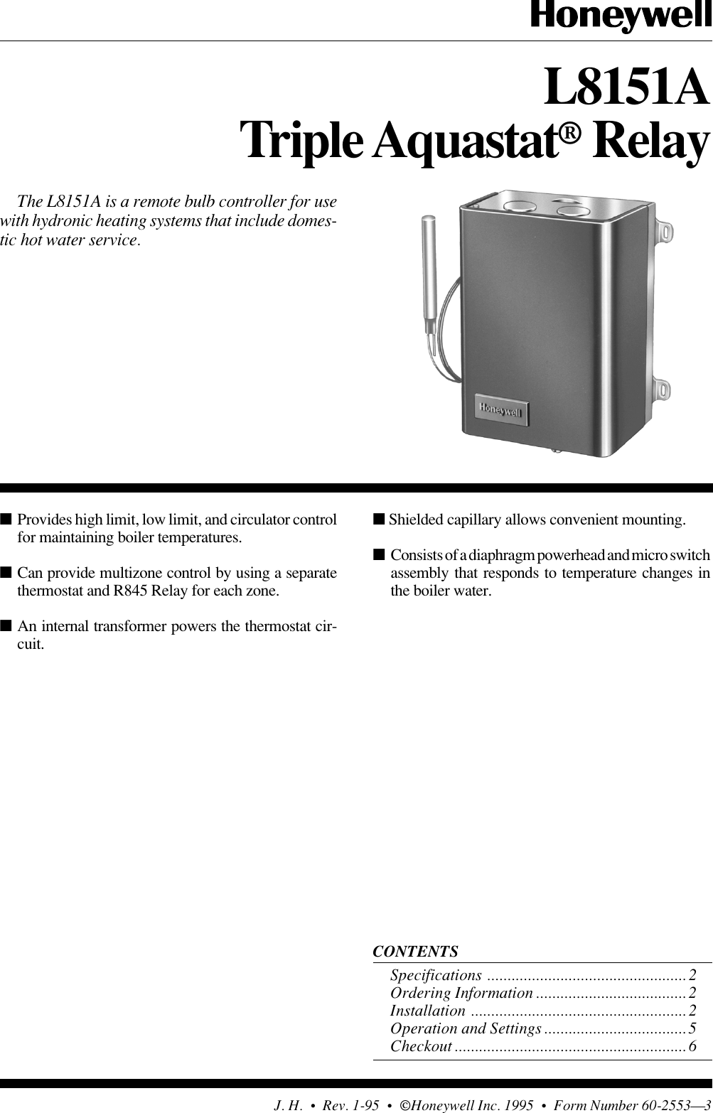 Honeywell Tripleaquastat L8151A Users Manual 60 2553 Triple Aquastat Relay