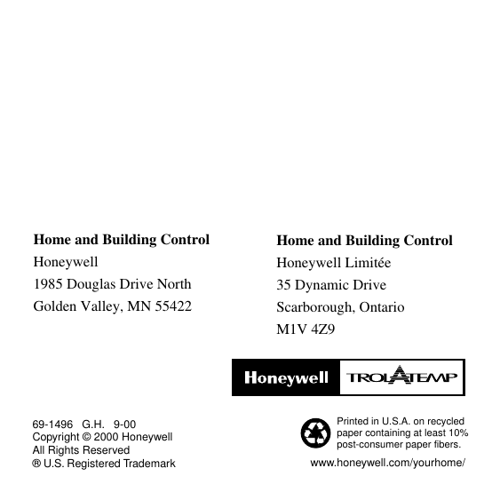 Honeywell Trol A Temp 69 1496 Users Manual 1193