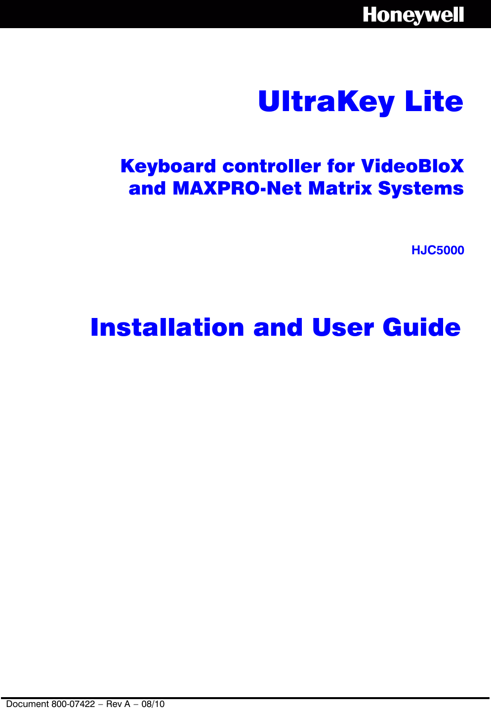 Honeywell Ultrakey Lite Hjc5000 Users Manual Controller Installation ...