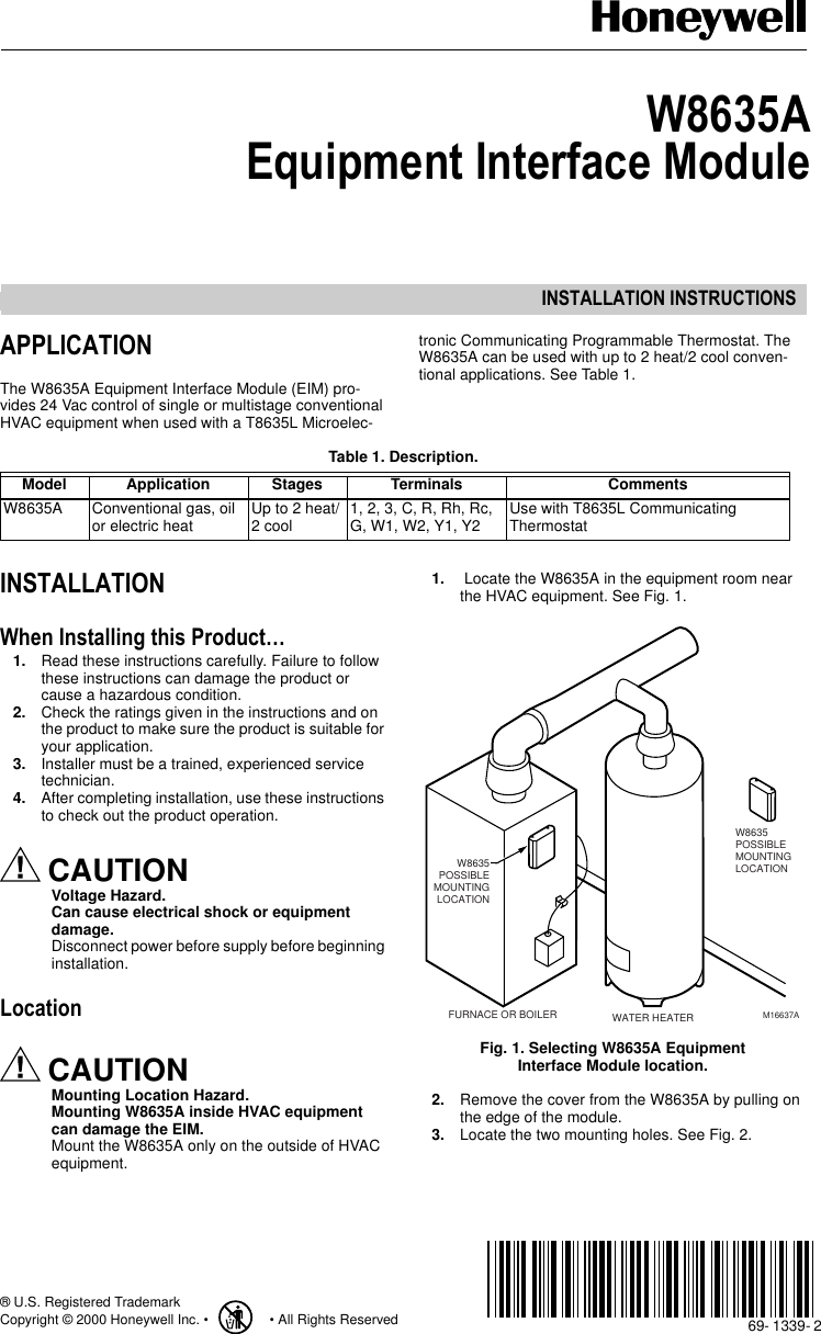 Honeywell W8635A Users Manual 69 1339 Equipment Interface Module