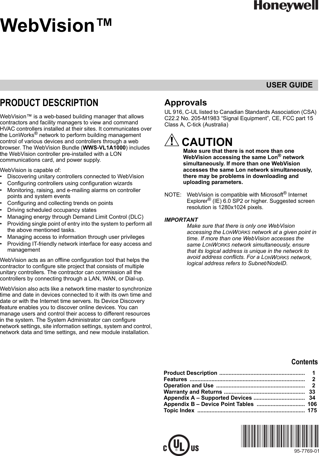 Honeywell Webvision 95 7769 01 Users Manual 7769—01