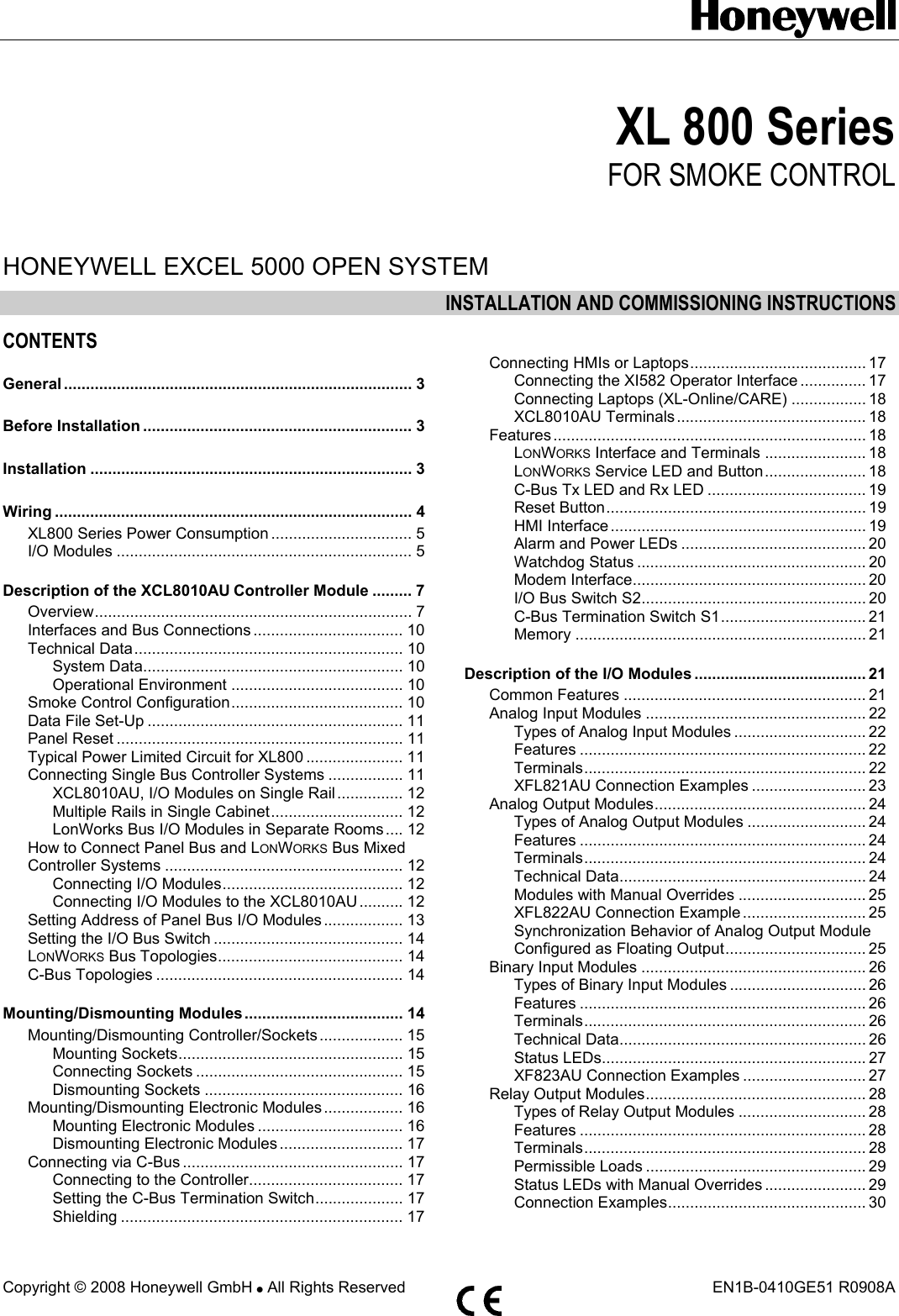 Honeywell Xl 800 Series Users Manual En1b0410 ge51r0908a