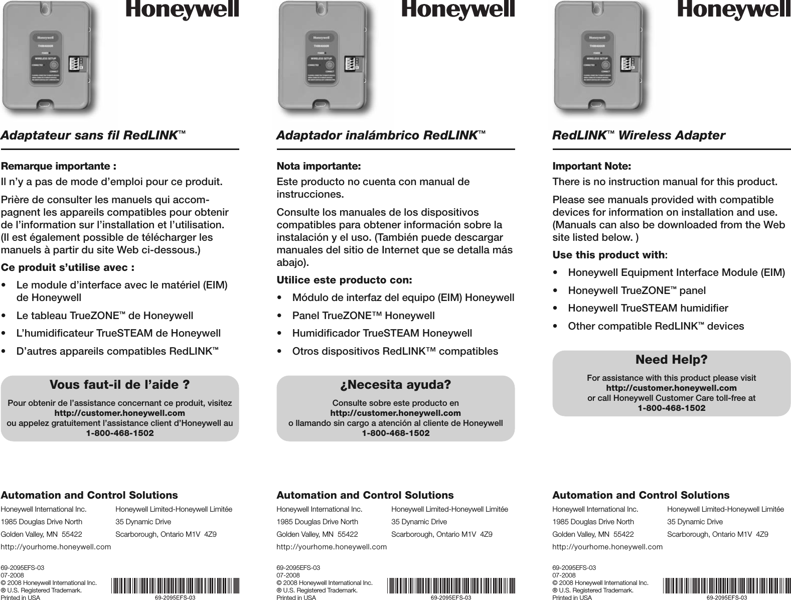 Honeywell THM4000R01 Wireless Adapter User Manual