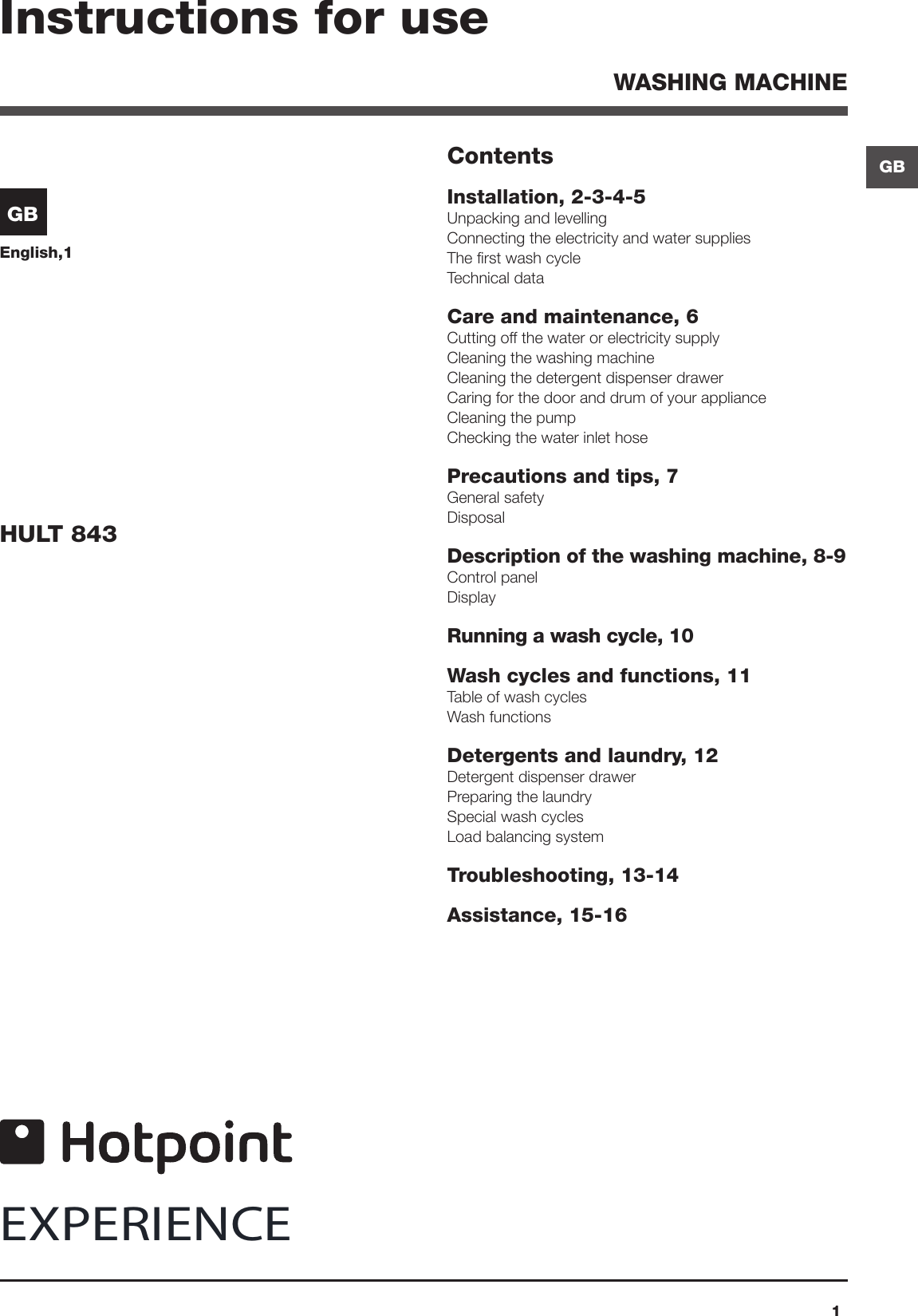Hotpoint Washing Machine Hult 843 Users Manual