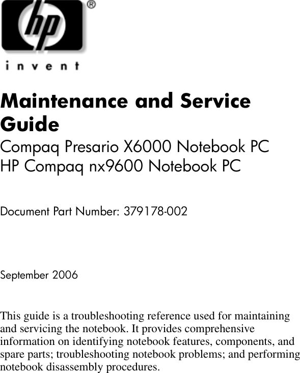 Hp Compaq Presario X6000 Notebook Pc Nx9600 379178 002 Users Manual ...
