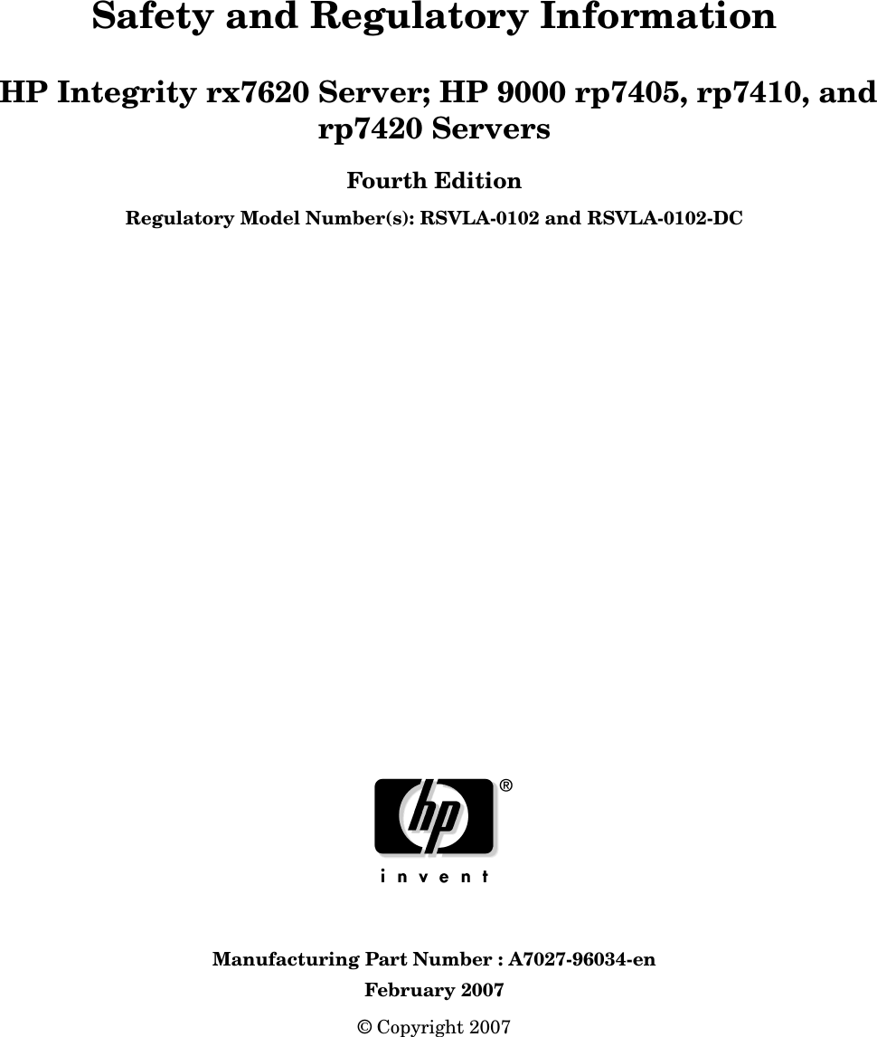 Hp Server Rp7405 2 Way Safety And Regulatory A7027 96034
