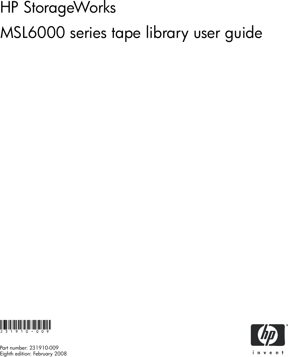 Hp Storageworks Msl6000 Series Users Manual Tape Library, August 2997