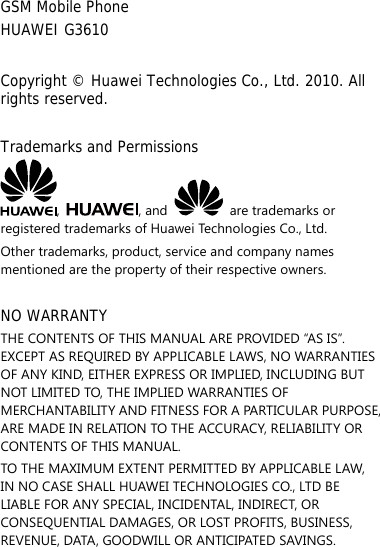 Huawei Technologies G3610 GSM Mobile Phone User Manual User Mannul
