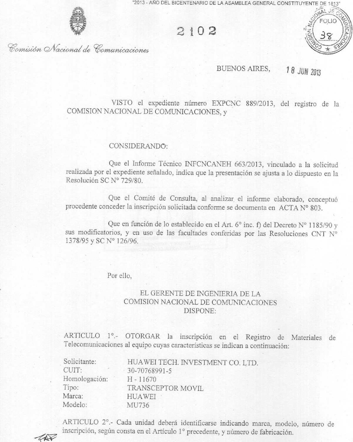 Huawei MU736 Argentina CNC Certificate (expires 2016.06.18)