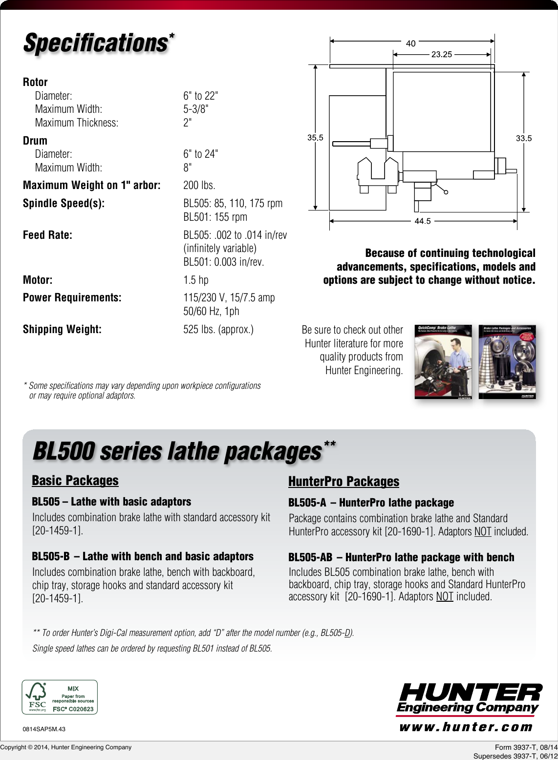 Hunter Engineering Bl500 Series Brochure Brake Lathe