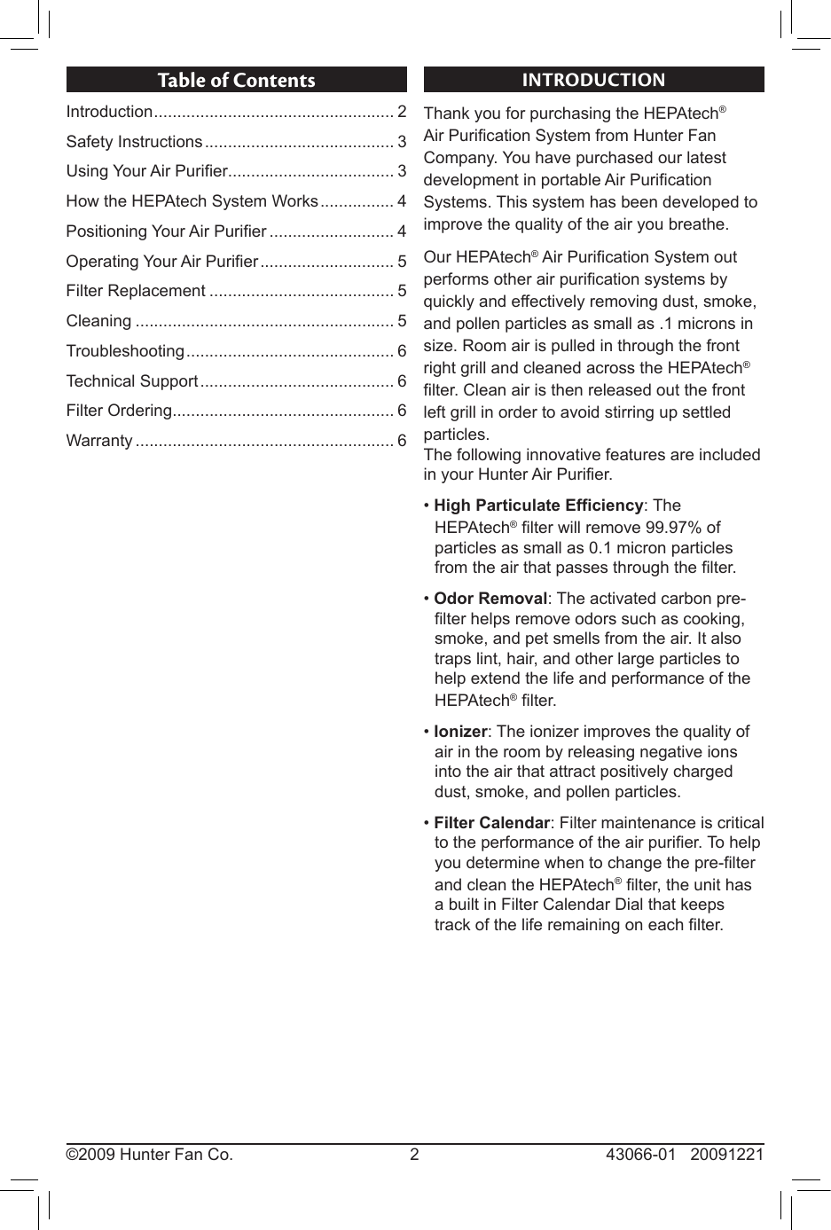 Hunter Fan Hepatech 30700 Users Manual