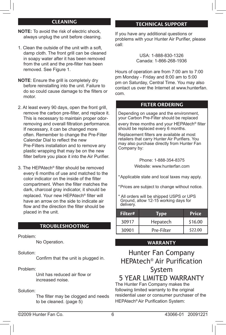 Hunter Fan Hepatech 30700 Users Manual