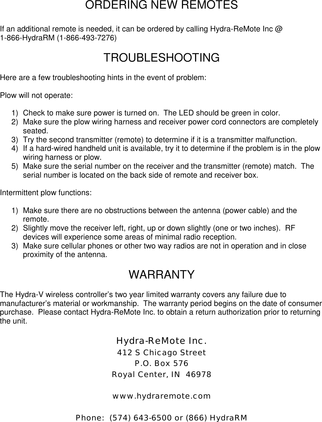 Hydra ReMote 866-HYDRA-RM Remote Control User Manual