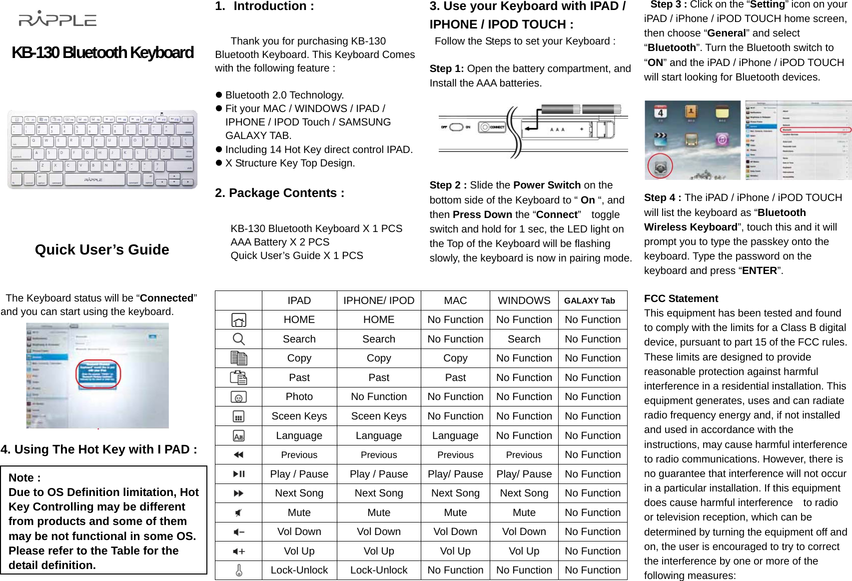 I ZONE Technologies KB-130A Bluetooth Keyboard User Manual KB130 Manual R