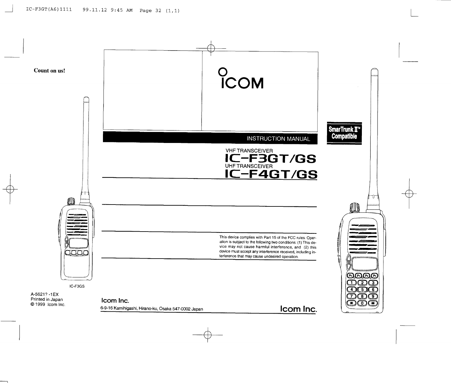 ICOM orporated IC-F3G-2 VHF-FM Handheld Transceiver User Manual F3G manual
