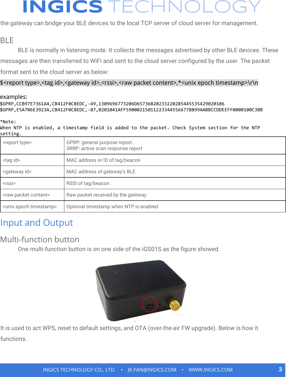 INGICS TECHNOLOGY IGS01S BLE-WiFi Gateway User Manual