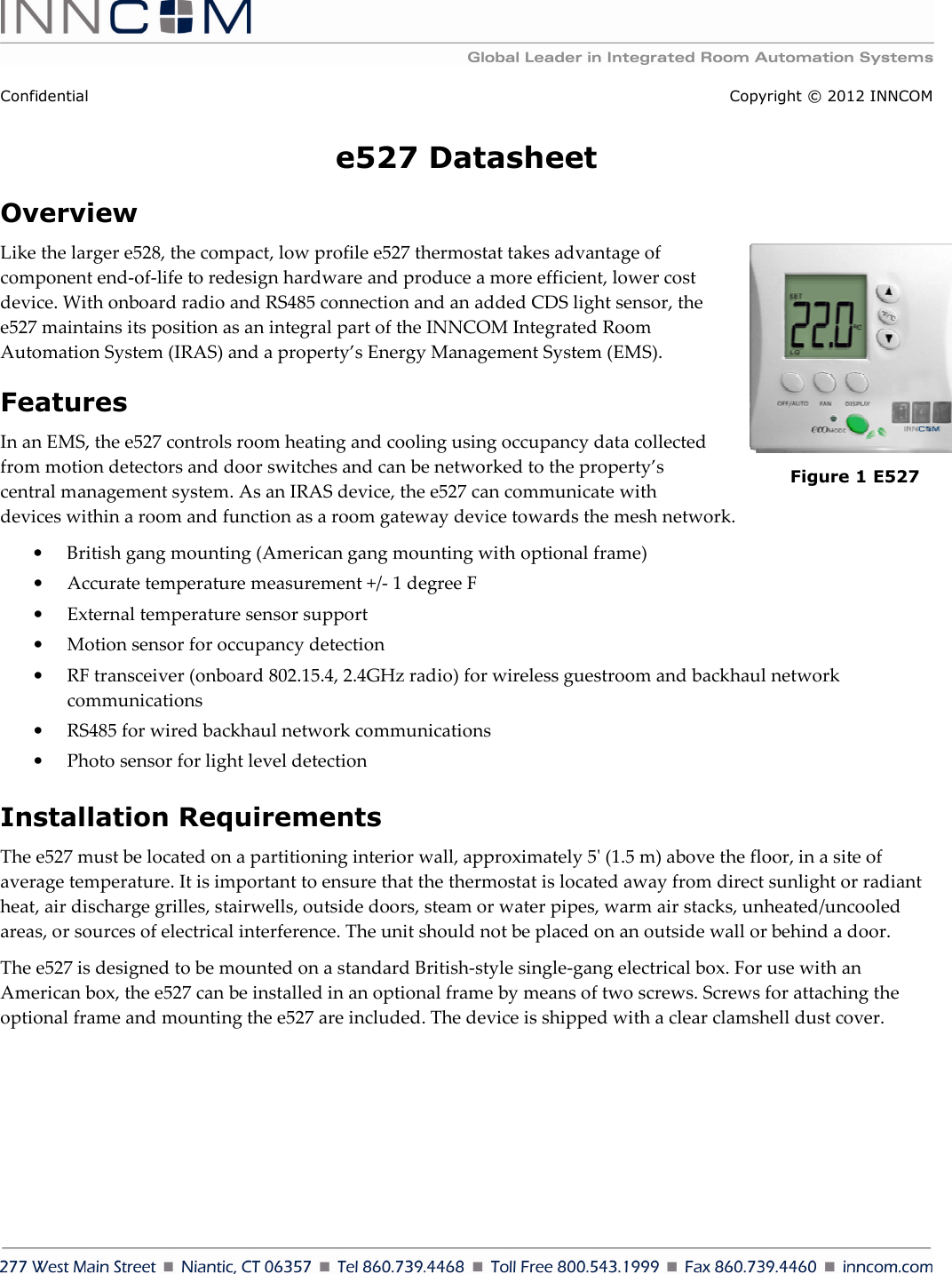 INNCOM 202151TXR Thermostat User Manual E527 Datasheet v1 2 DS