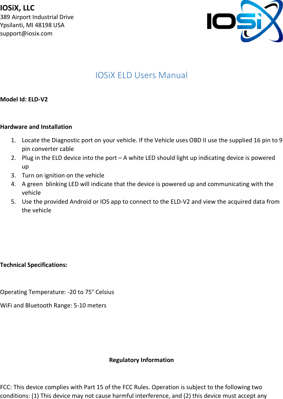 IOSiX 1020 ELD Connector + WiFi + Bluetooth LE + GPS User Manual ELD ...