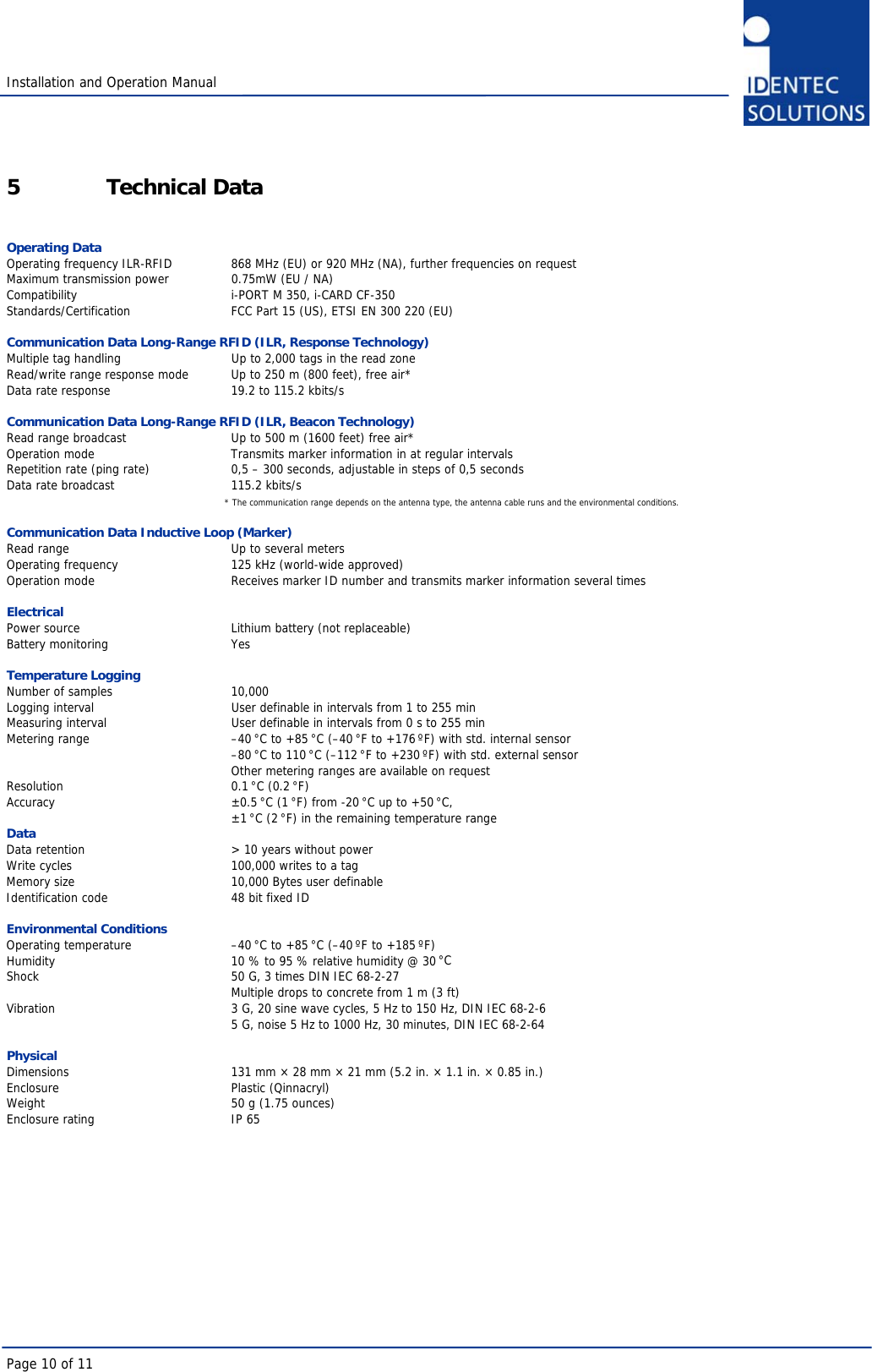 Identec Solutions ILR IQ350TL RFID System User Manual Identec Solutions ILR IQ350TL RFID System User Manual