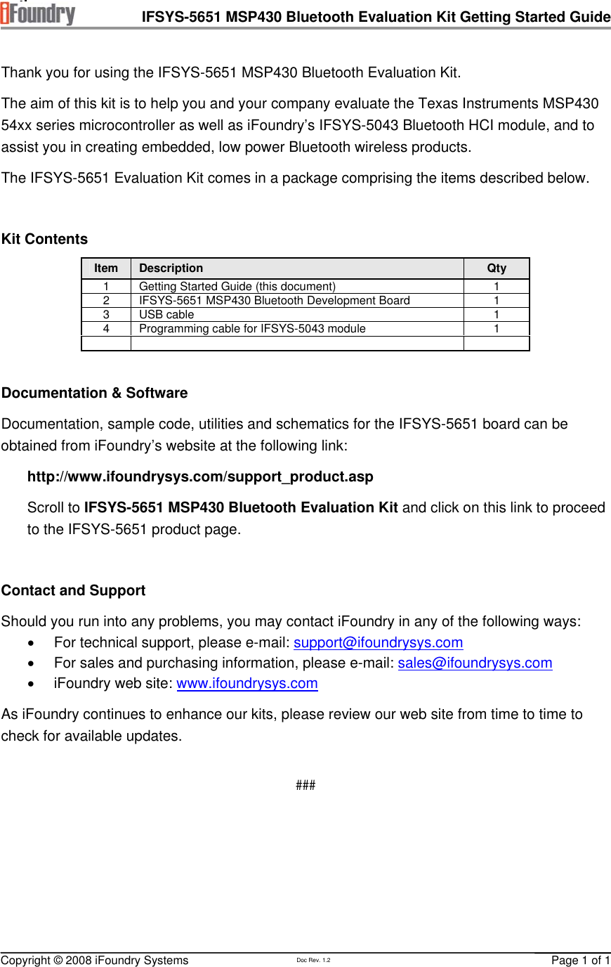 Ifoundry Systems Ifsys 5651 Msp430 Users Manual Getting Started Guide ...