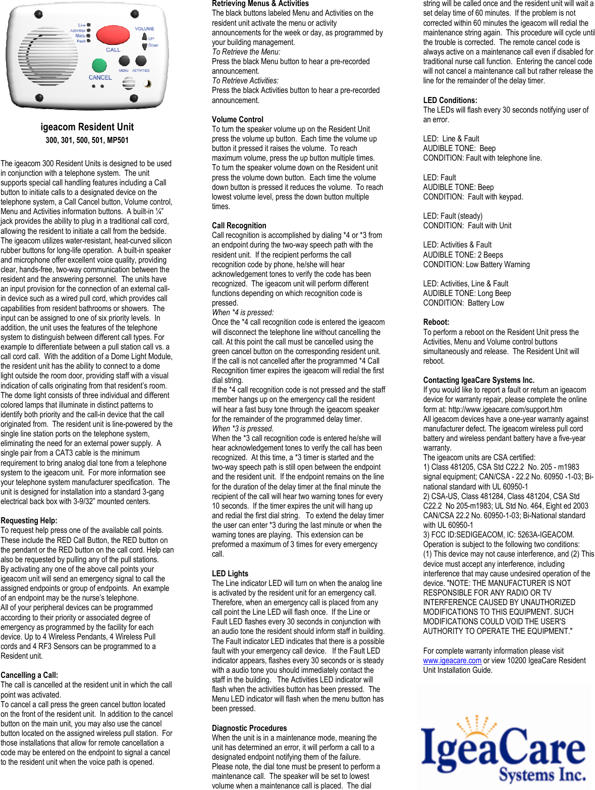 Igeacare Solutions IGEAPEN1 Wireless Pendant User Manual