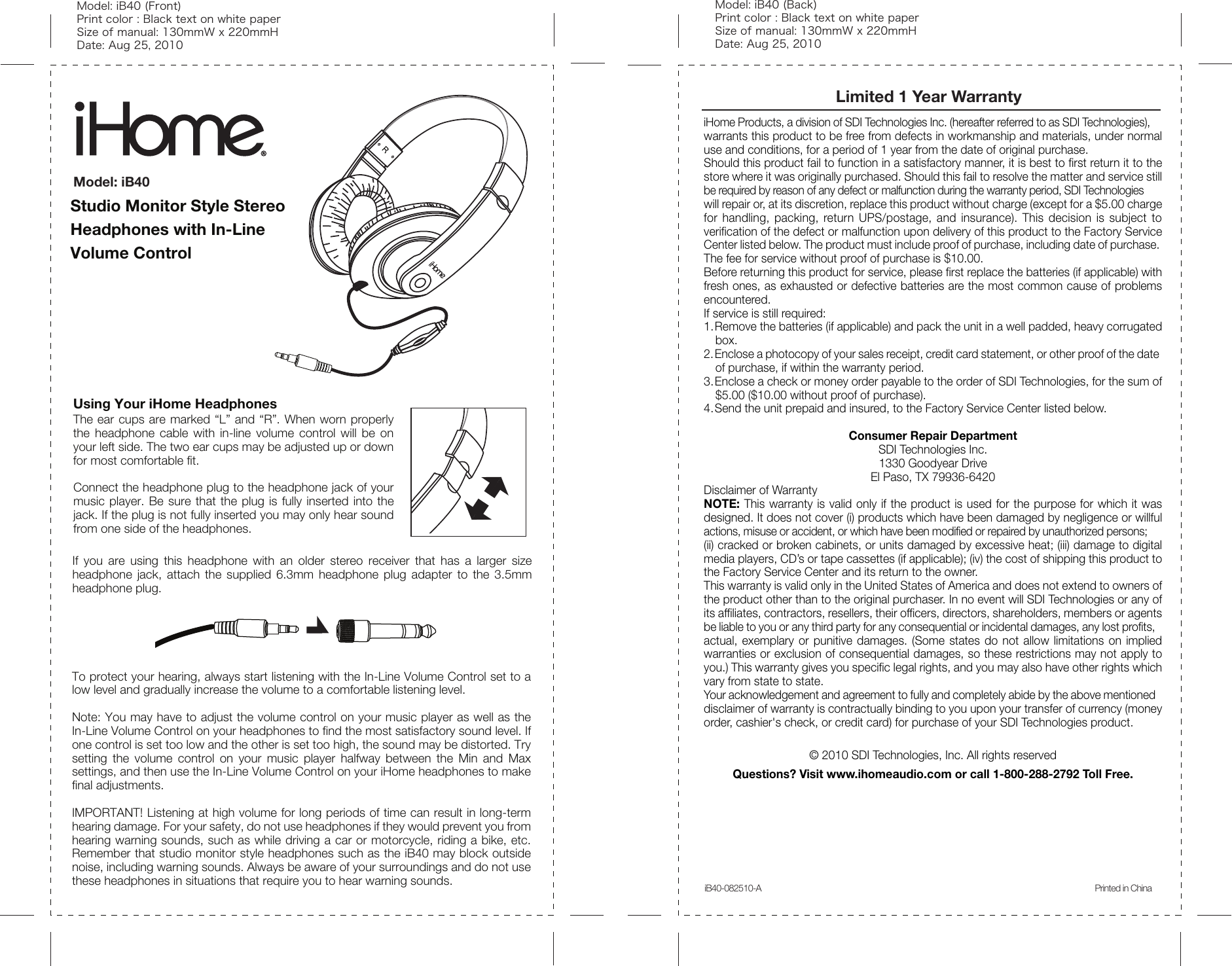 Ihome Studio Monitor Style Stereo With In Line Volume Control Users ...