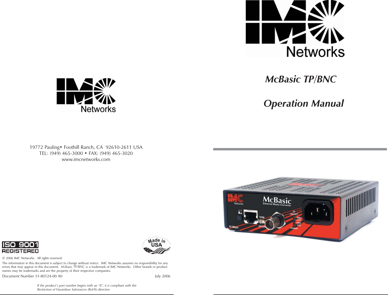 Imc Networks Tp Users Manual McBasic TP/BNC Installation Guide