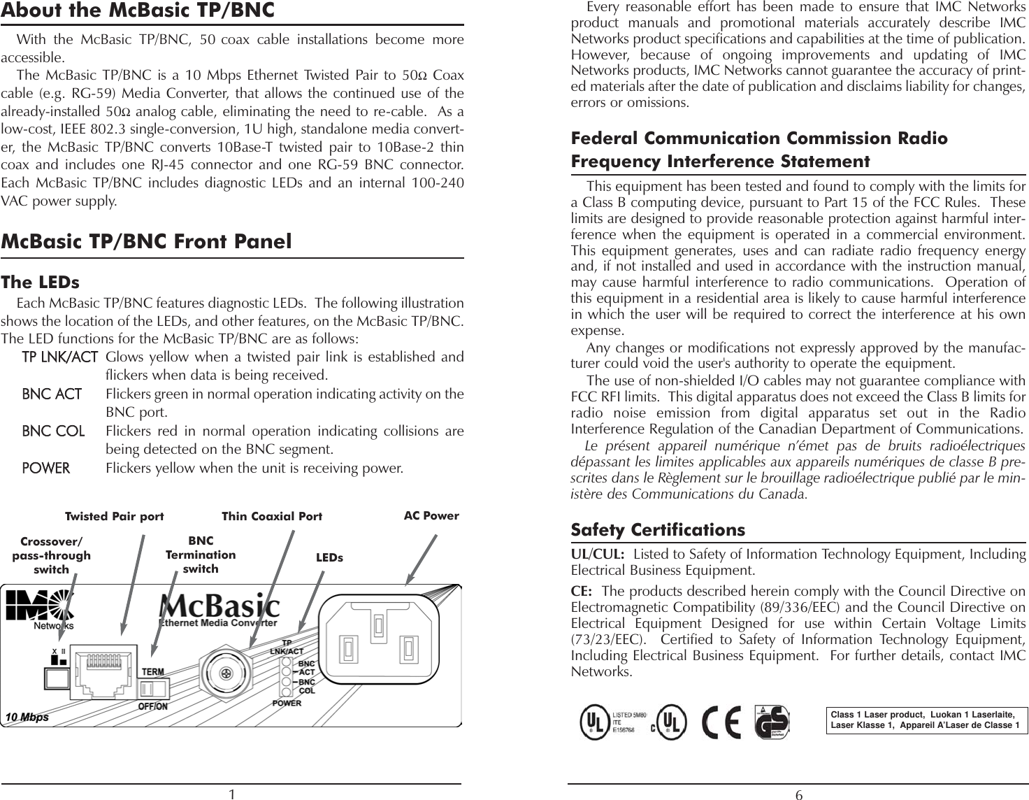 Imc Networks Tp Users Manual McBasic TP/BNC Installation Guide