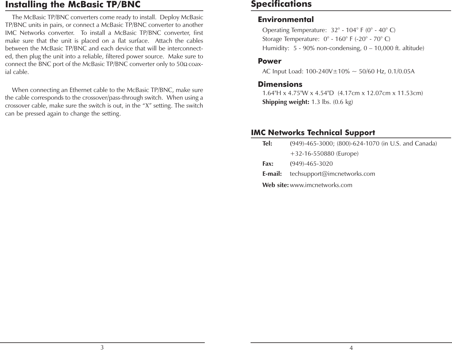 Imc Networks Tp Users Manual McBasic TP/BNC Installation Guide