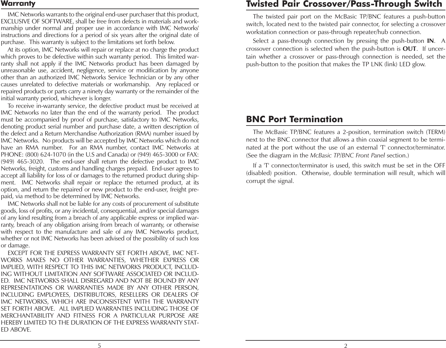 Imc Networks Tp Users Manual McBasic TP/BNC Installation Guide