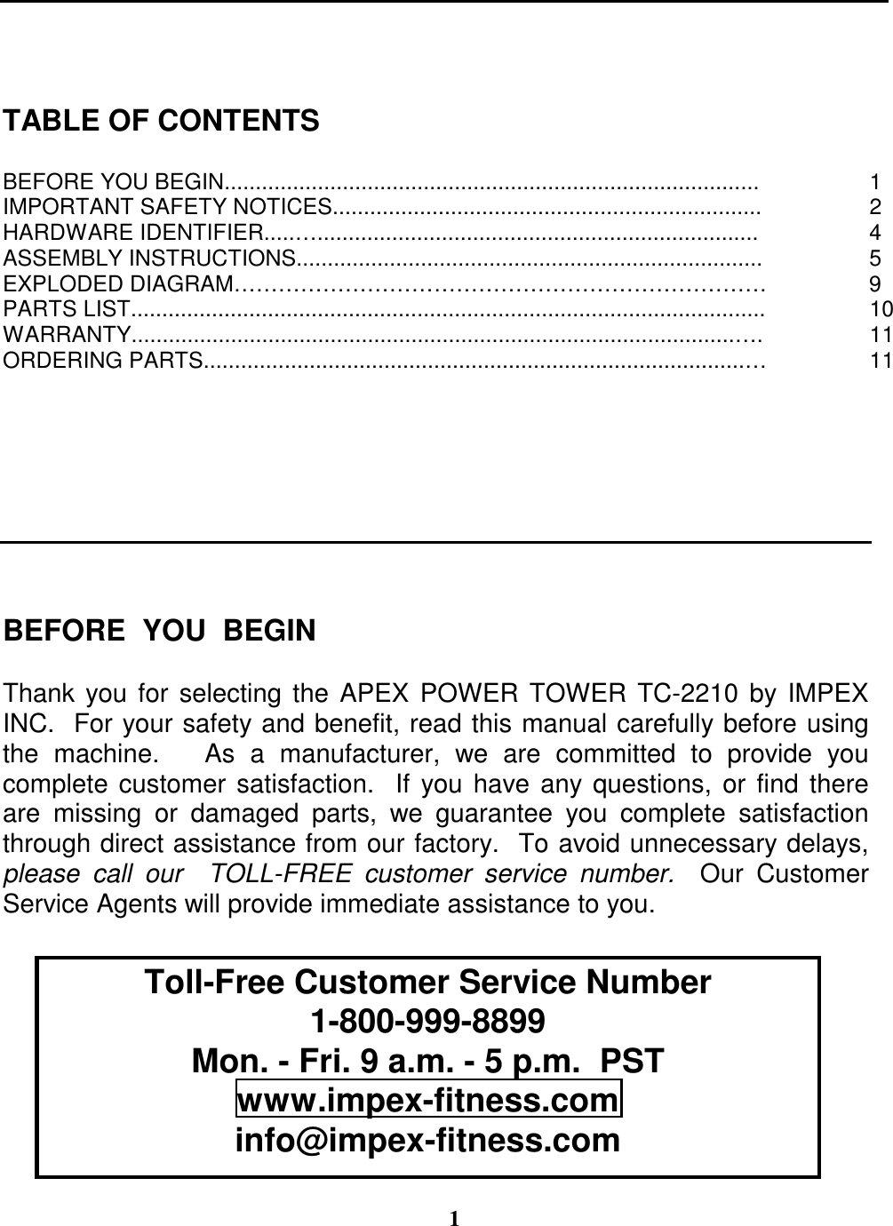 Impex Fitness Apex Tc 2210 Users Manual PARTS LIST