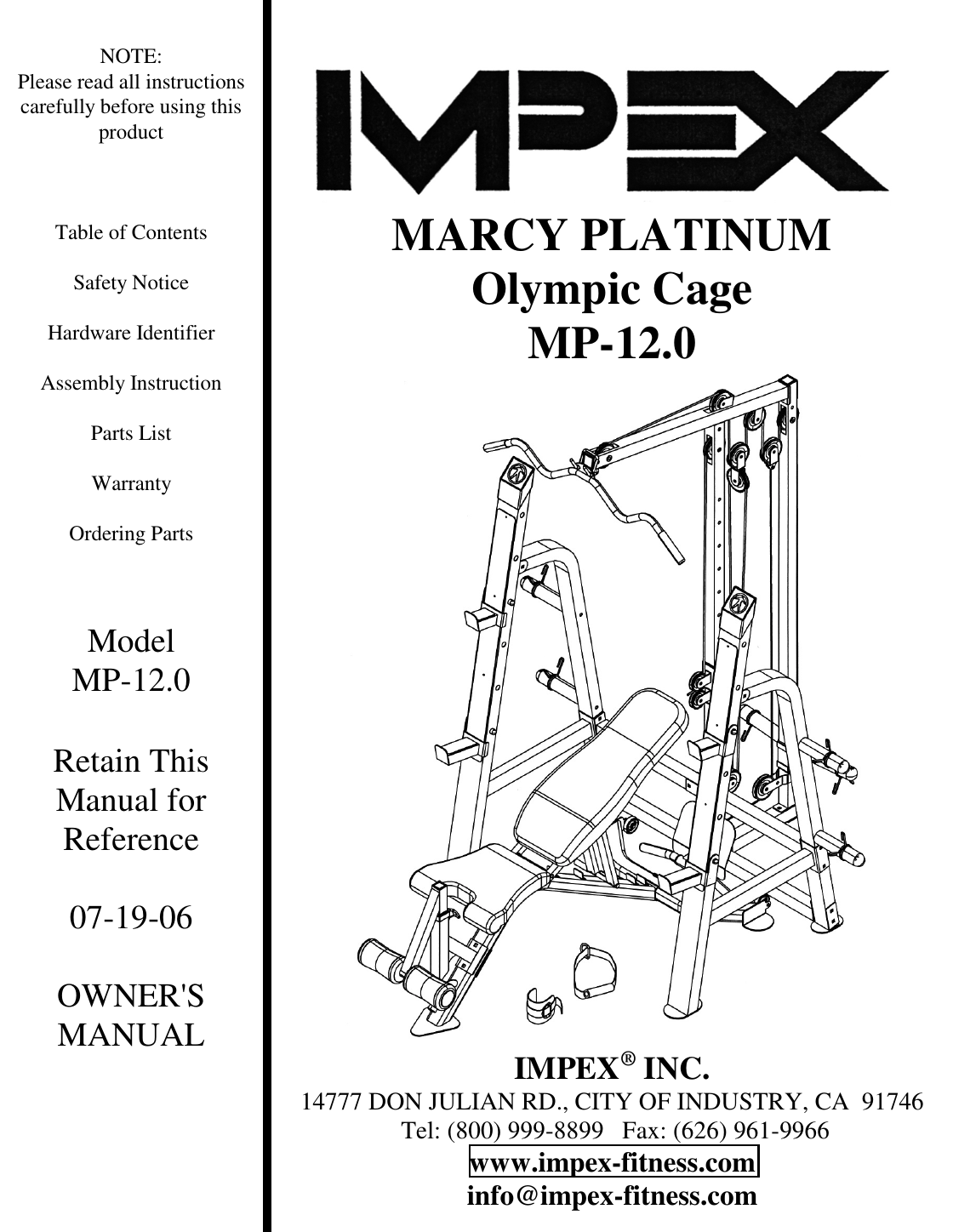Impex Fitness Mp 12 0 Owners Manual PARTS LIST