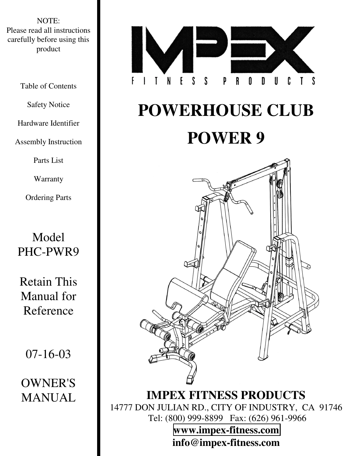 Impex Fitness Phc Pwr9 Users Manual PARTS LIST