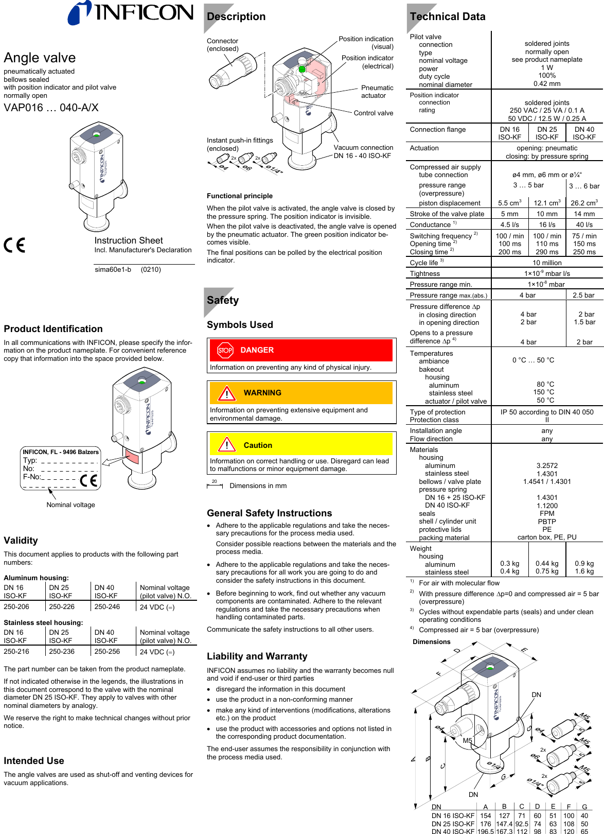 Infinicon Systems Angle Valve Vap016 Users Manual Sima60e1_b.d.
