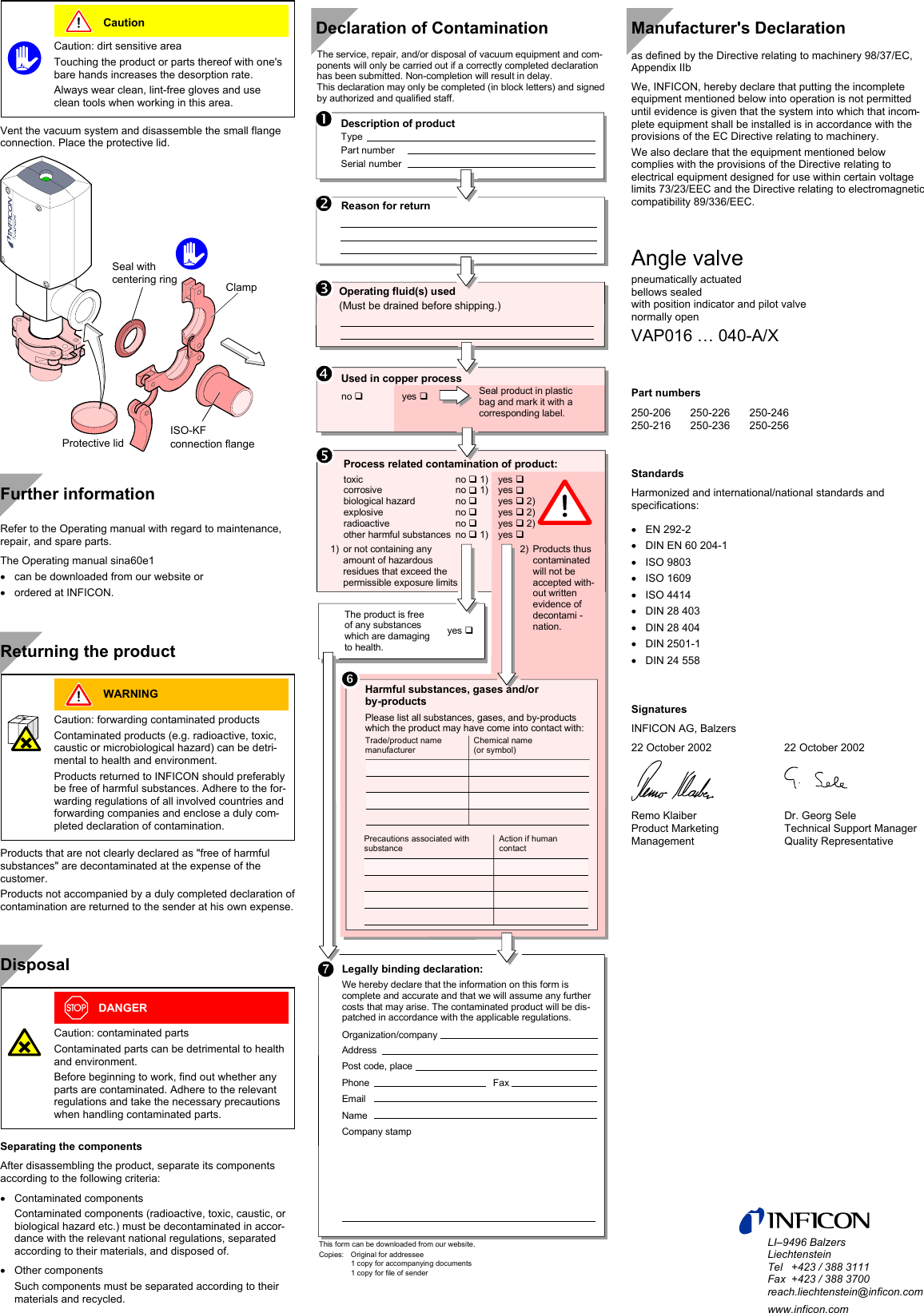 Infinicon Systems Angle Valve Vap016 Users Manual Sima60e1_b.d.