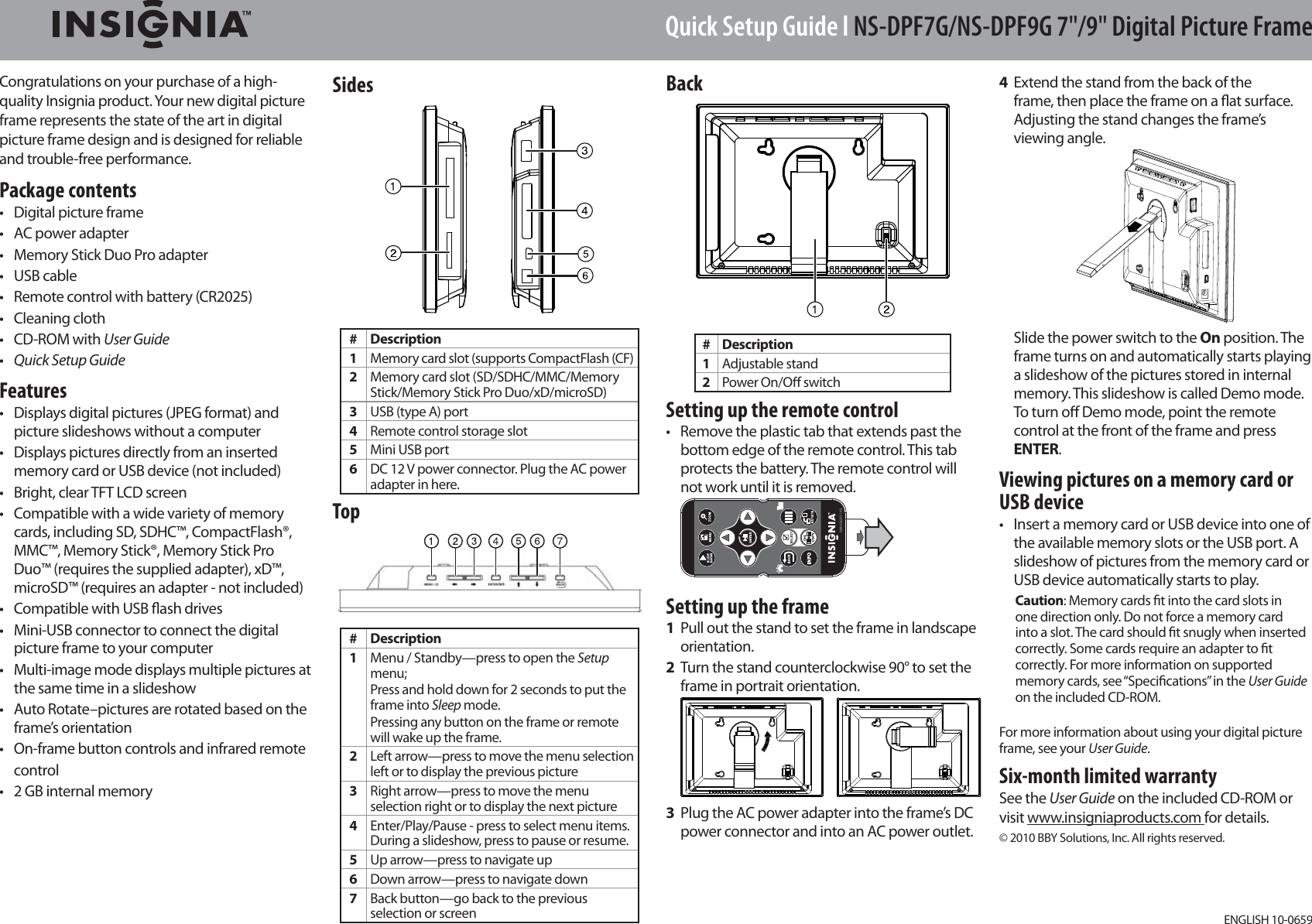 Insignia Ns Dpf9G Quick Start Guide DPF7G DPF9G_10 0659_QSG_V3_EN